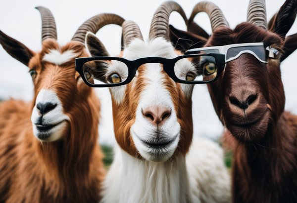 3 goats take a selfie. One of the goats is a male who has short red hair and blue eyes. He also wears glasses. This goat is on the left side of