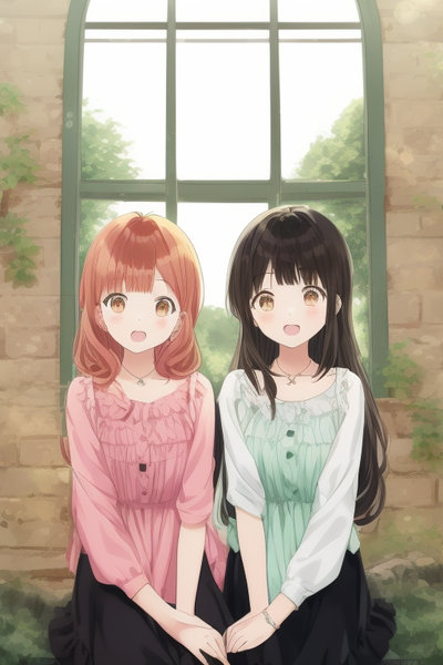 Depict two girl best friends laughing together drawn in an anime style in pastel colors. The borders of the illustration should be brown and not black. The first girl is a ginger